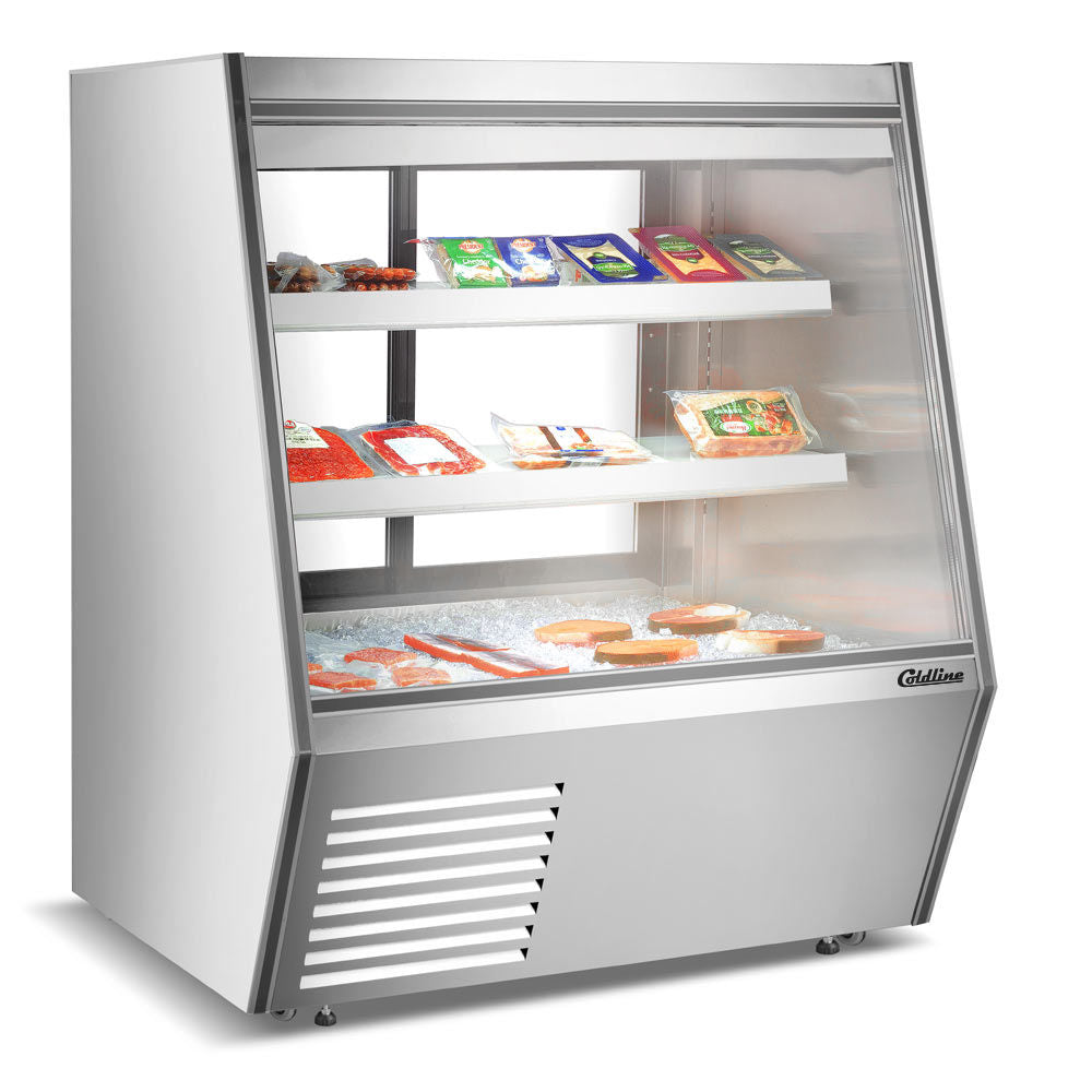 HDL48-F 48" Refrigerated Slanted Glass Seafood Case with Built-in Drai ...